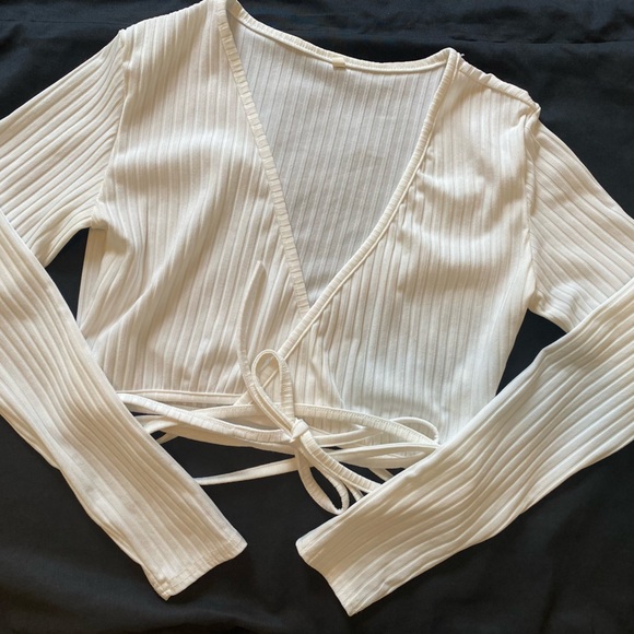 Tops | Wrap Crop Top Deep V Neck Knot Front Long Sleeve | Poshmark